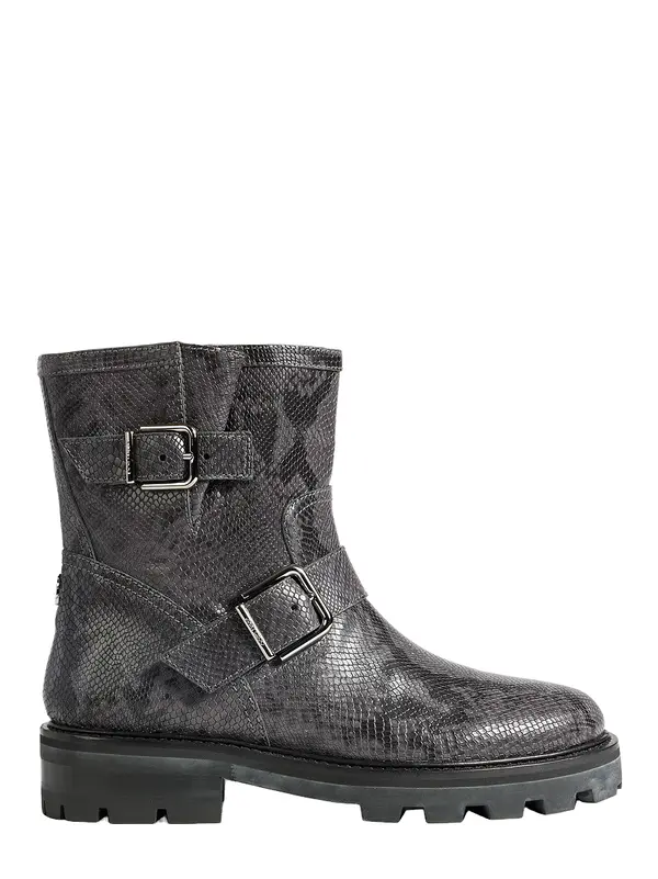 JIMMY CHOO Buckled Snake-effect Leather Ankle Boots - Dark Gray