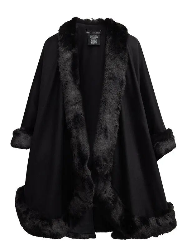 Sofia Cashmere Faux Fur Trim Cape - Black