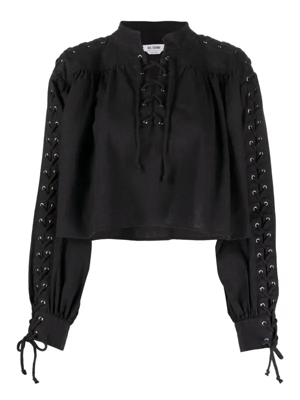 RE/DONE Pirate Lace-up Linen-blend Blouse - Black