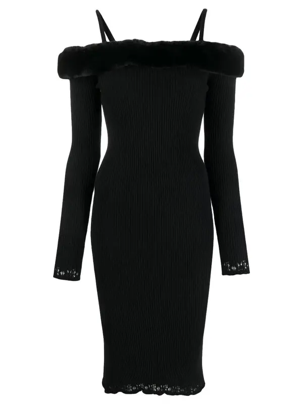 Blumarine Faux Fur Neck Ribbed Midi Dress - Black