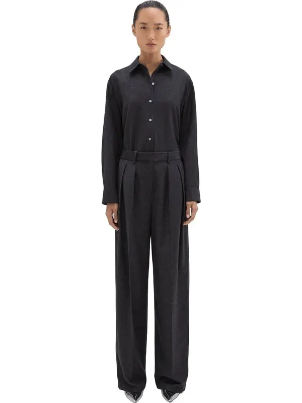 Theory Double Pleat Wide Leg Flannel Pants - New Charcoal Melange