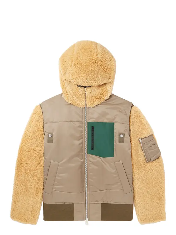 Sacai Faux Shearling-trimmed Nylon-twill Hooded Bomber Jacket - Neutrals