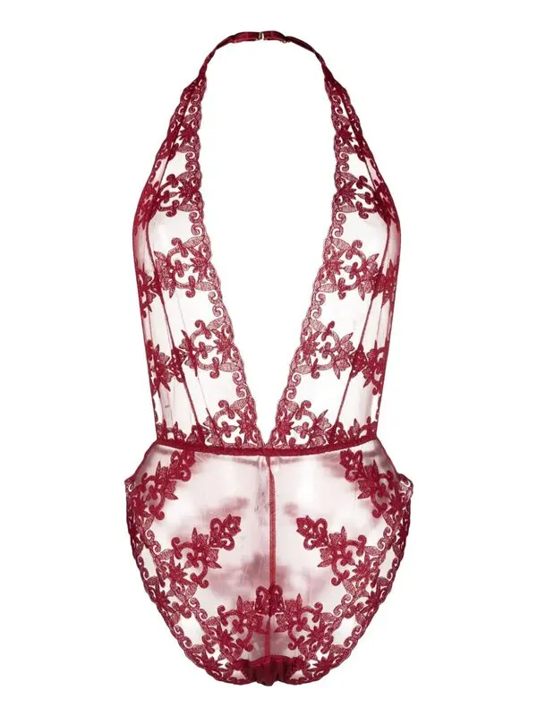 FLEUR OF ENGLAND Gisele Floral-embroidered Halterneck Body - Red