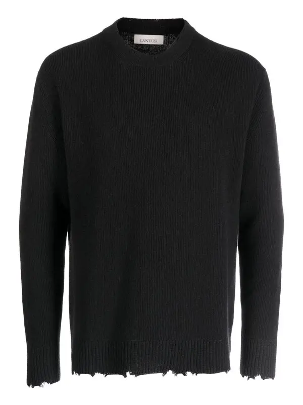LANEUS Distressed Crew-neck Wool Jumper - Black