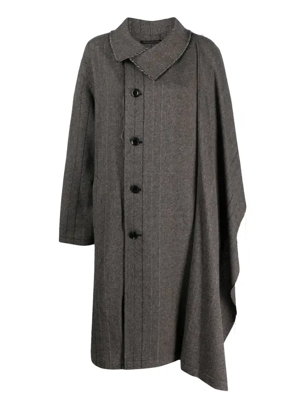 Y’s Herringbone-pattern Asymmetric Mid-length Coat - Grey