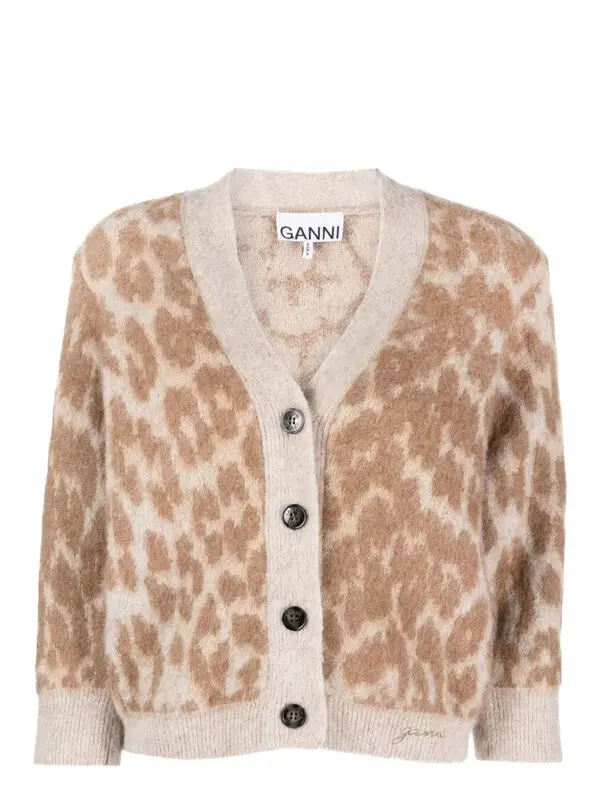 GANNI Leopard-jacquard V-neck Cardigan - Neutrals
