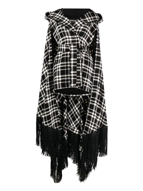 Roberto Cavalli Frayed-hem Plaid Hooded Cape - Black