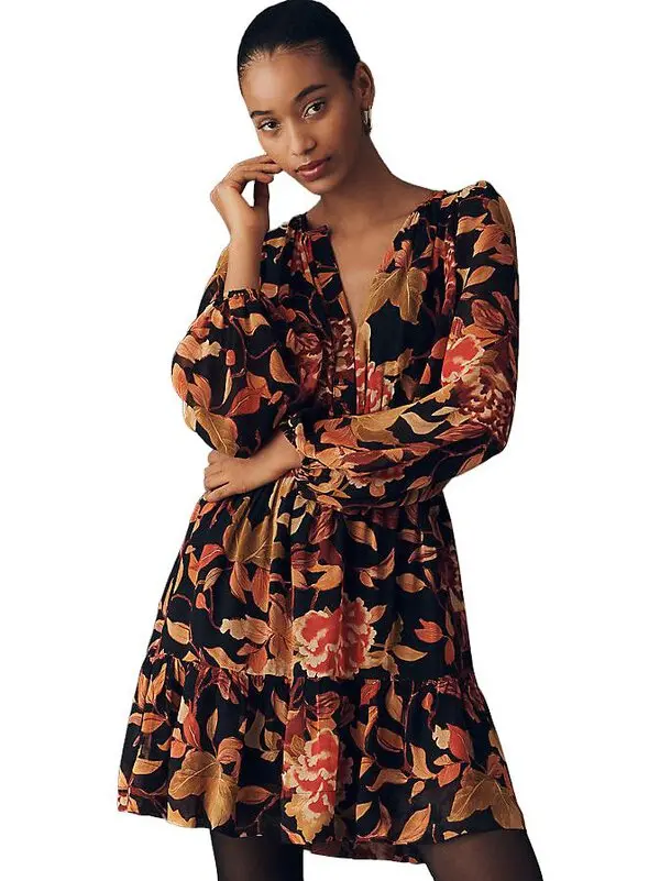 THE SOMERSET COLLECTION BY ANTHROPOLOGIE The Somerset Mini Dress: Long-sleeve Edition - Black Floral