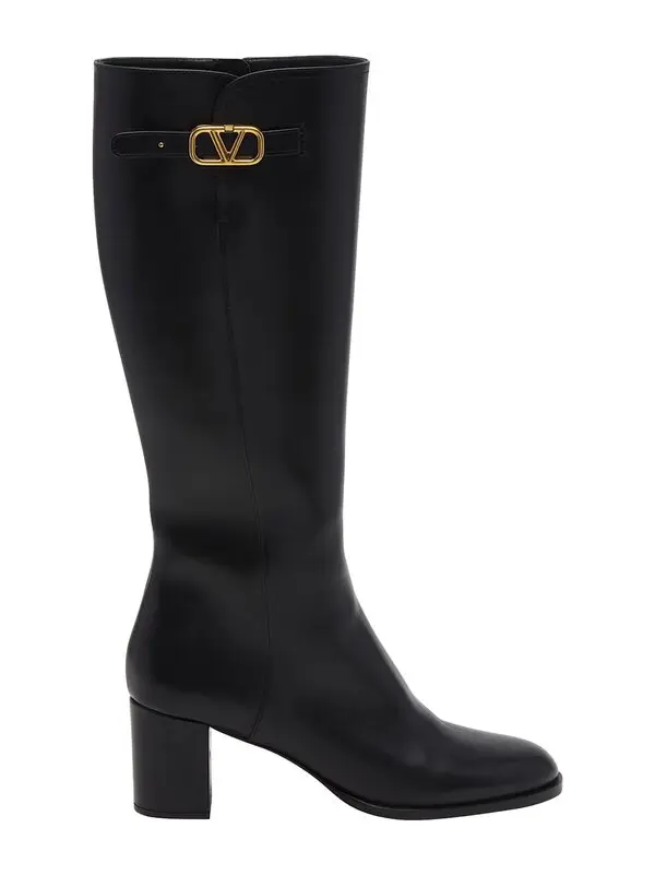 Valentino Garavani Leather Knee High Boots With Logo - Nero