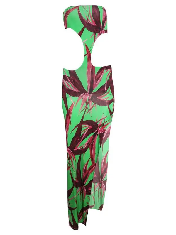LOUISA BALLOU Long Carve Dress - Green With Red Flowers