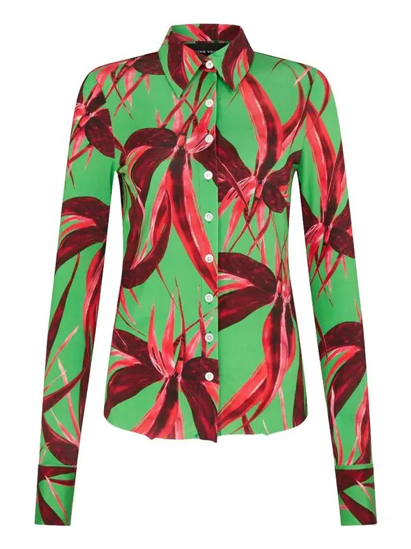 LOUISA BALLOU Printed Button-down Shirt - Green With Red Flowers