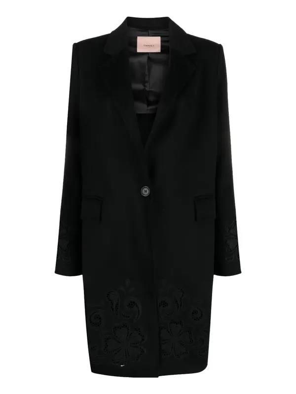 TWINSET Floral-embroidered Single-breasted Coat - Black