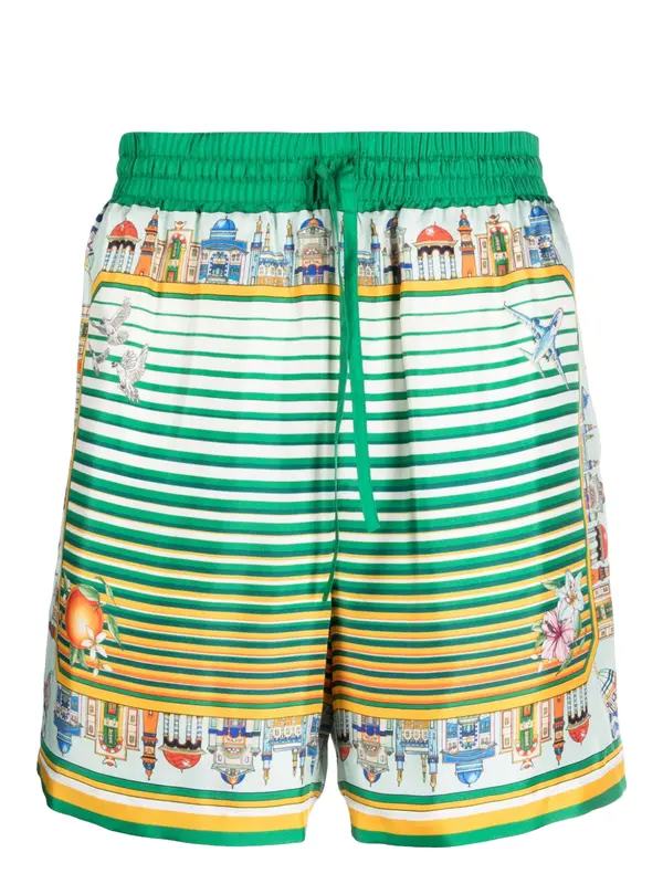 Casablanca City Scape Silk Shorts - Green