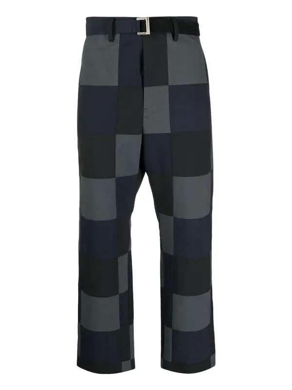 Sacai Checkerboard-print Cotton Chino Trousers - Black