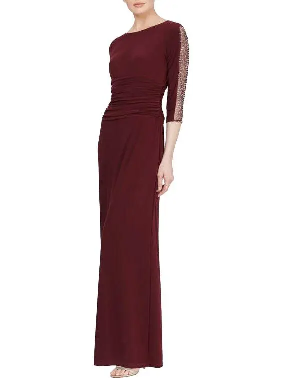 SL FASHIONS Beaded Sleeve Ruched Gown - Fig