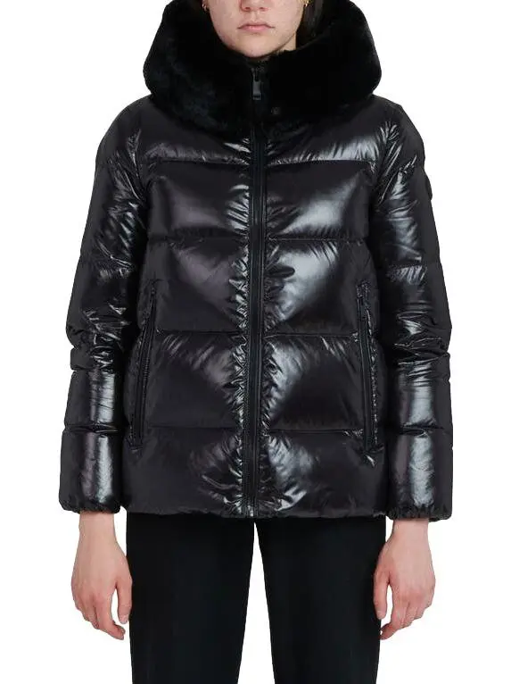 THE RECYCLED PLANET COMPANY Water Resistant Nylon Down Puffer Coat With Faux Fur Trim - Black