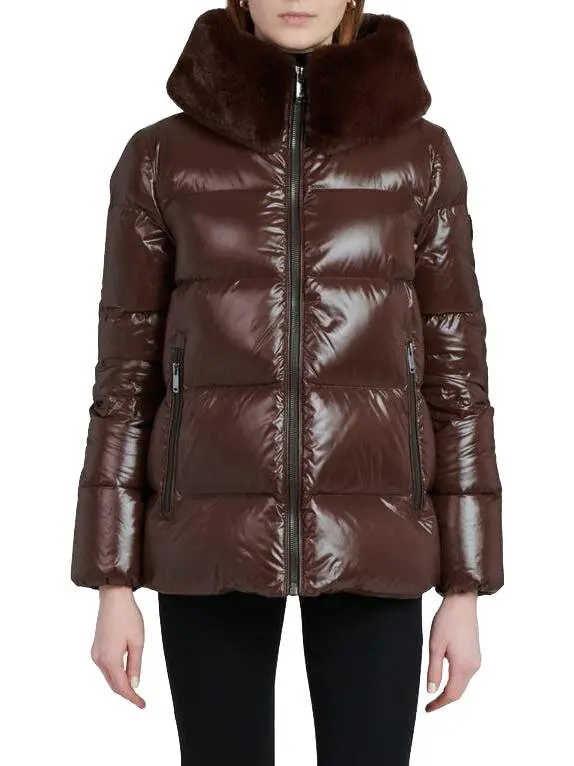 THE RECYCLED PLANET COMPANY Water Resistant Nylon Down Puffer Coat With Faux Fur Trim - Dark Coffee