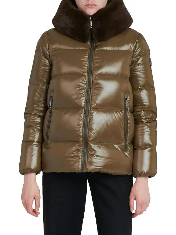 THE RECYCLED PLANET COMPANY Water Resistant Nylon Down Puffer Coat With Faux Fur Trim - Olive