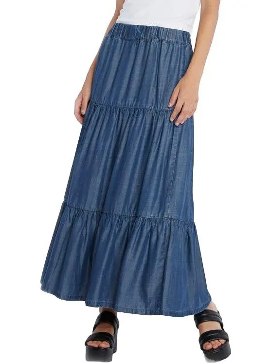 WASH LAB DENIM Tiered Maxi Skirt - Trip Blue