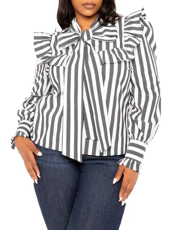BUXOM COUTURE Stripe Ruffle Bow Neck Shirt - Black