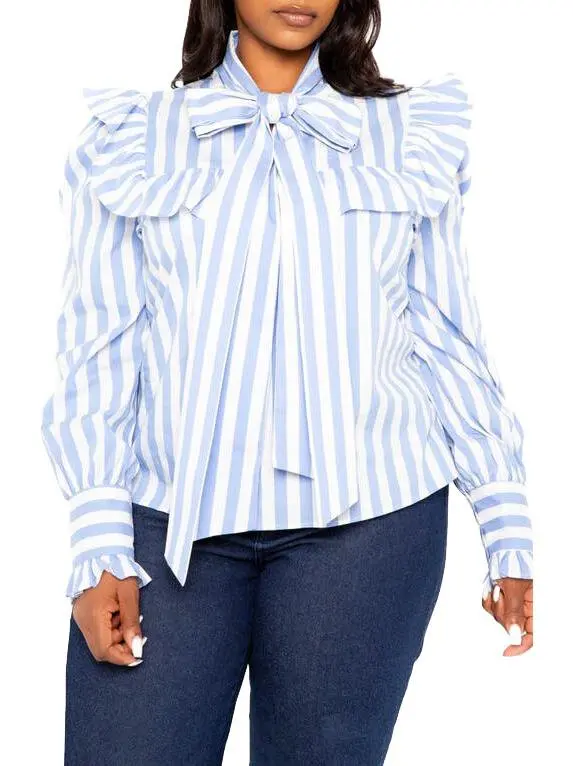 BUXOM COUTURE Stripe Ruffle Bow Neck Shirt - Blue