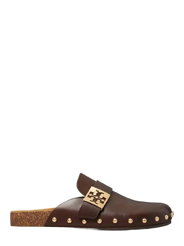 Tory Burch Mellow Leather Buckle Slide Mules - Deep Mocha  Gold