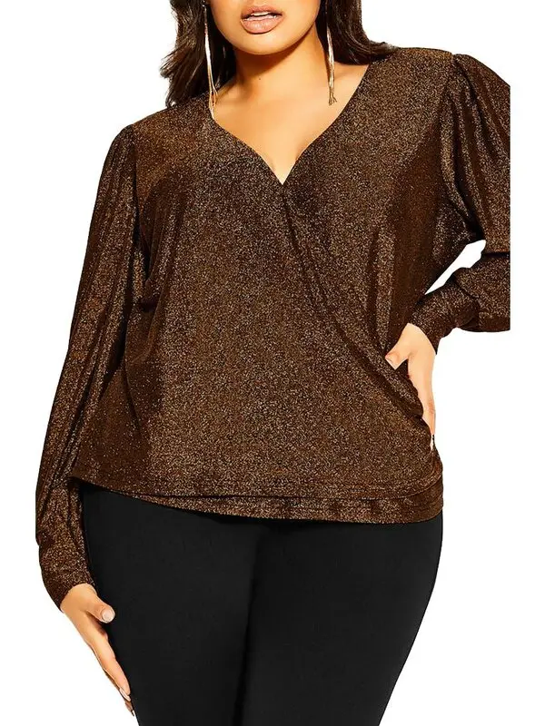 City Chic Shimmer Knit Faux Wrap Top - Bronze
