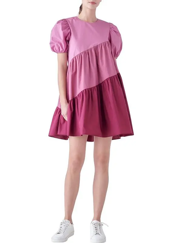 English Factory Colorblock Puff Sleeve Shift Mini Dress - Orchid Multi