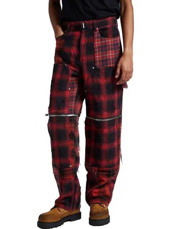 Givenchy Zip Off Convertible Distressed Plaid Carpenter Jeans - Black/ Red