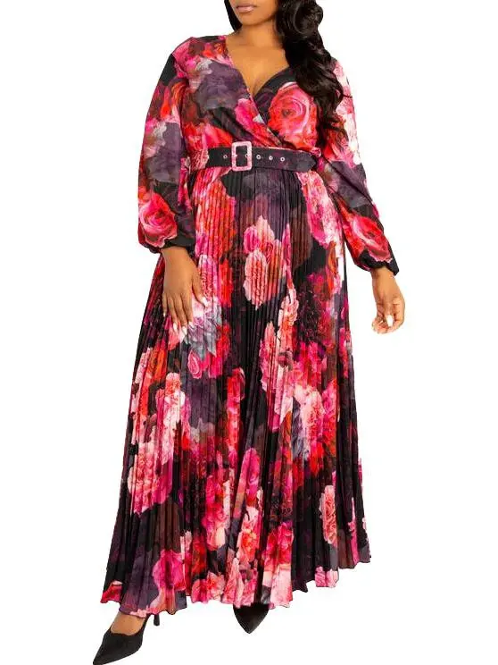 BUXOM COUTURE Floral Long Sleeve Pleated Maxi Dress - Black Multi