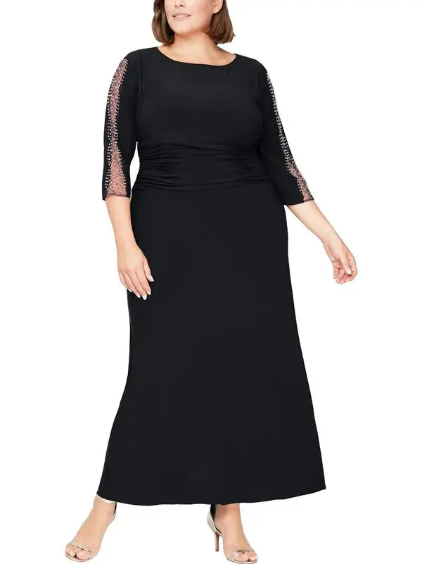 SL FASHIONS Embellished Sleeve Ruched Gown - Blk