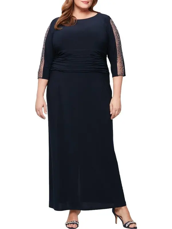 SL FASHIONS Embellished Sleeve Ruched Gown - Navy