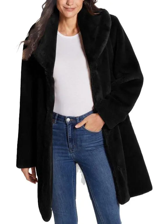 Gallery Faux Fur Coat With Shawl Collar - Black