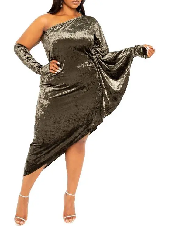 BUXOM COUTURE Crushed Velvet Asymmetric Dress & Gloves - Grey Emerald