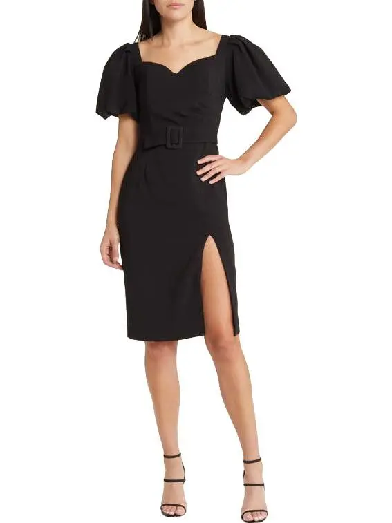 NIKKI LUND Bonnie Puff Sleeve Belted Sheath Dress - Black