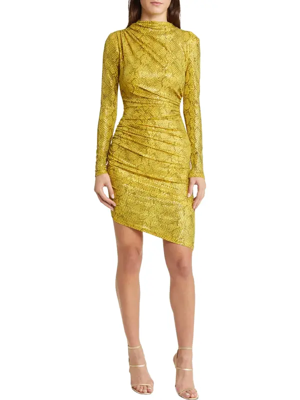NIKKI LUND Sequin Ruched Asymmetric Long Sleeve Dress - Gold