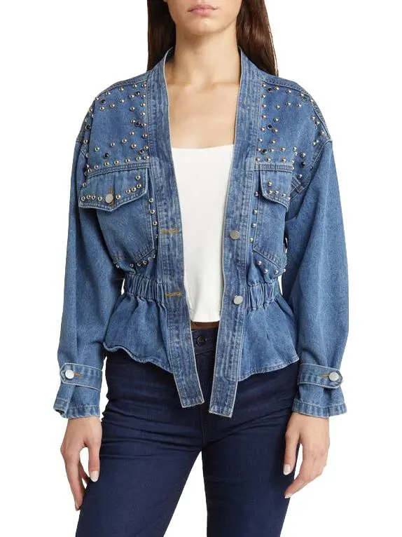 NIKKI LUND Alina Studded Peplum Denim Jacket - Blue
