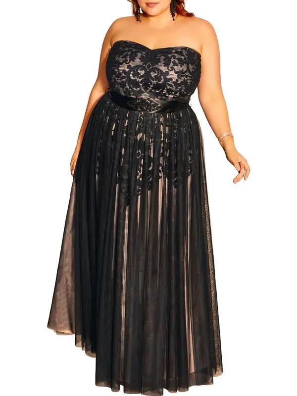 City Chic Strapless Tulle Ballgown - Black