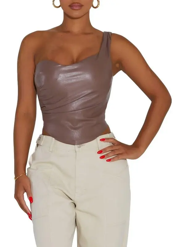 Naked Wardrobe Faux-leather One-shoulder Corset Top - Taupe