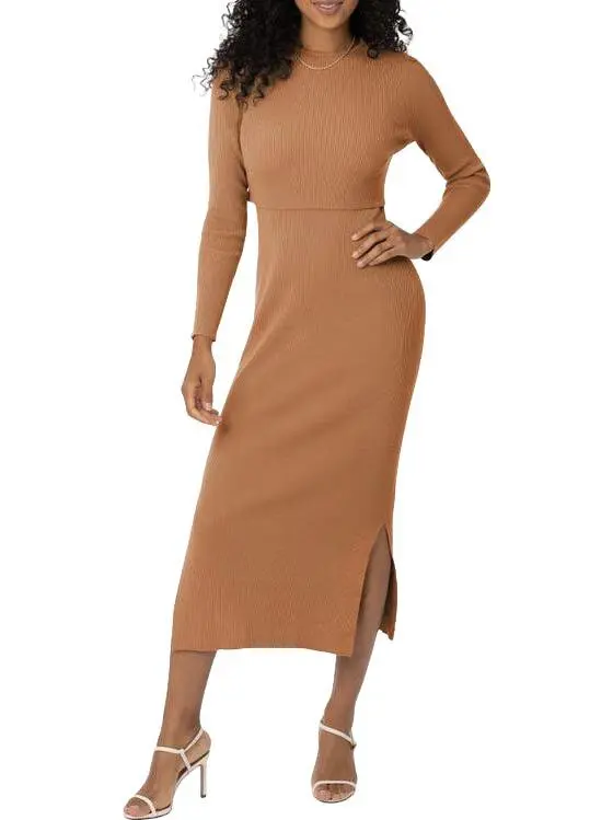KINDRED BRAVELY Long Sleeve Ribbed Sweater Dress - Brown Camel