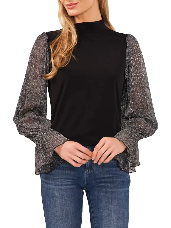 CECE DUPRAZ Metallic Sleeve Stretch Crepe Top - Rich Black