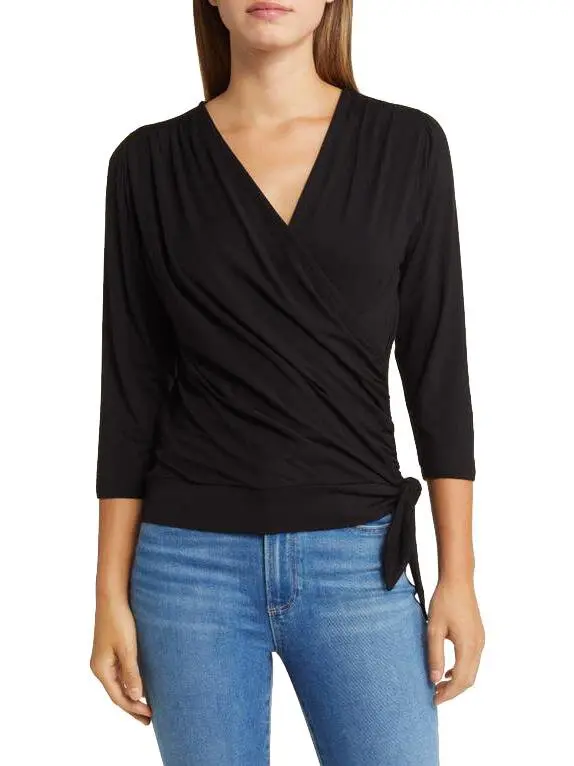 Loveappella Faux-wrap Knit Top - Black