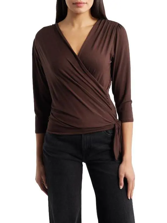 Loveappella Faux-wrap Knit Top - Brown