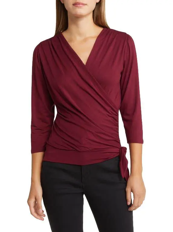 Loveappella Faux-wrap Knit Top - Burgundy