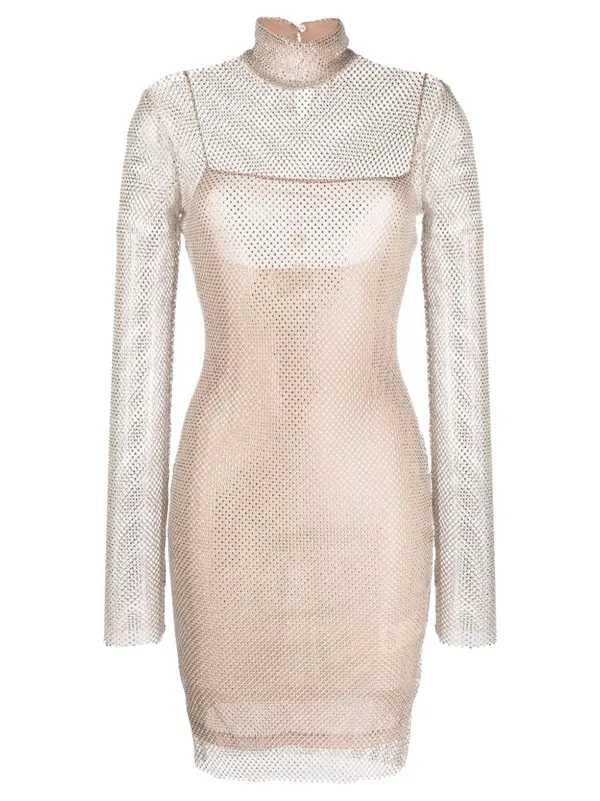GENNY Rhinestoned High-neck Mini Dress - Neutrals