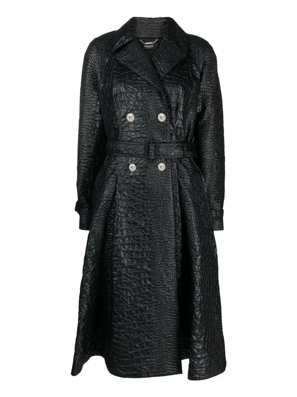 Versace Embossed Crocodile Effect Trench Coat - Black