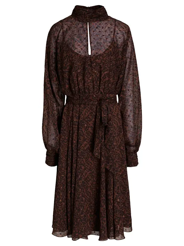 MIKAEL AGHAL Gathered Printed Metallic Fil Coupé Chiffon Midi Dress - Brown