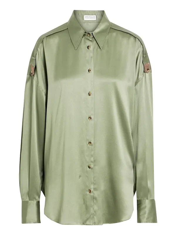 Brunello Cucinelli Bead-embellished Stretch-silk Satin Shirt - Sage Green