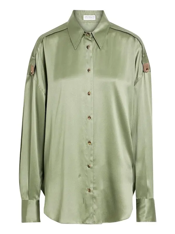Brunello Cucinelli Bead-embellished Stretch-silk Satin Shirt - Sage Green