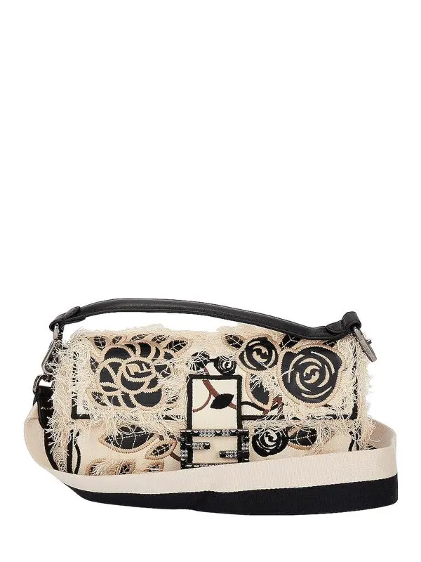 Fendi Floral Embroidered Baguette Bag - Black & White